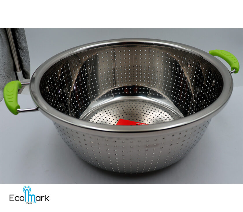Colador Acero Inoxidable con Asa Verde 34cm - ECOMARKPERU